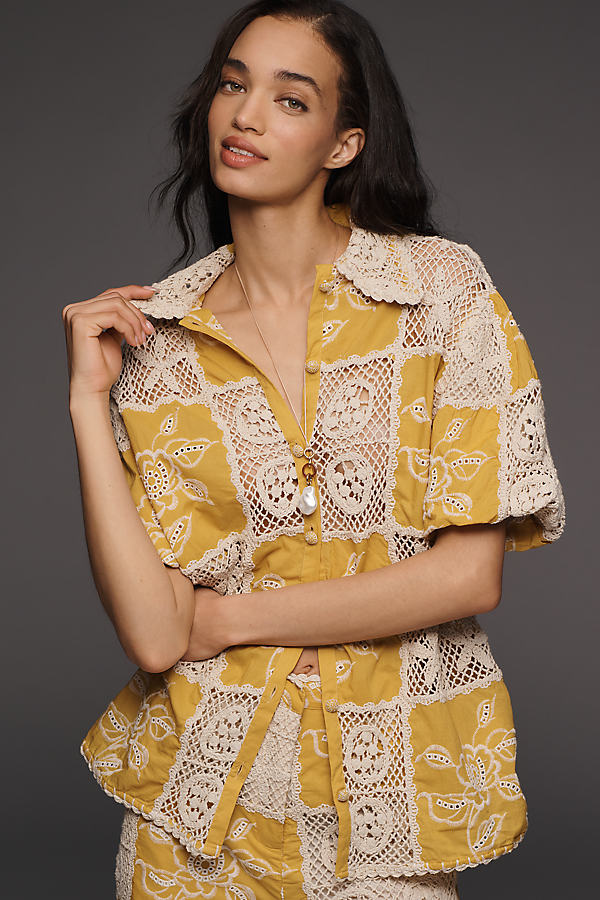 FARM RIO Lace Short-Sleeve Buttondown Top